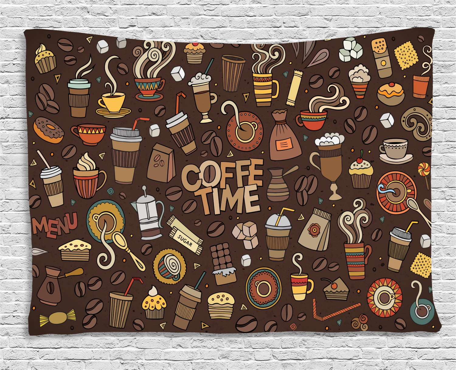 Coffee Tapestry, Hand Drawn Cartoon Coffee Time Theme Sweets and Drinks ...