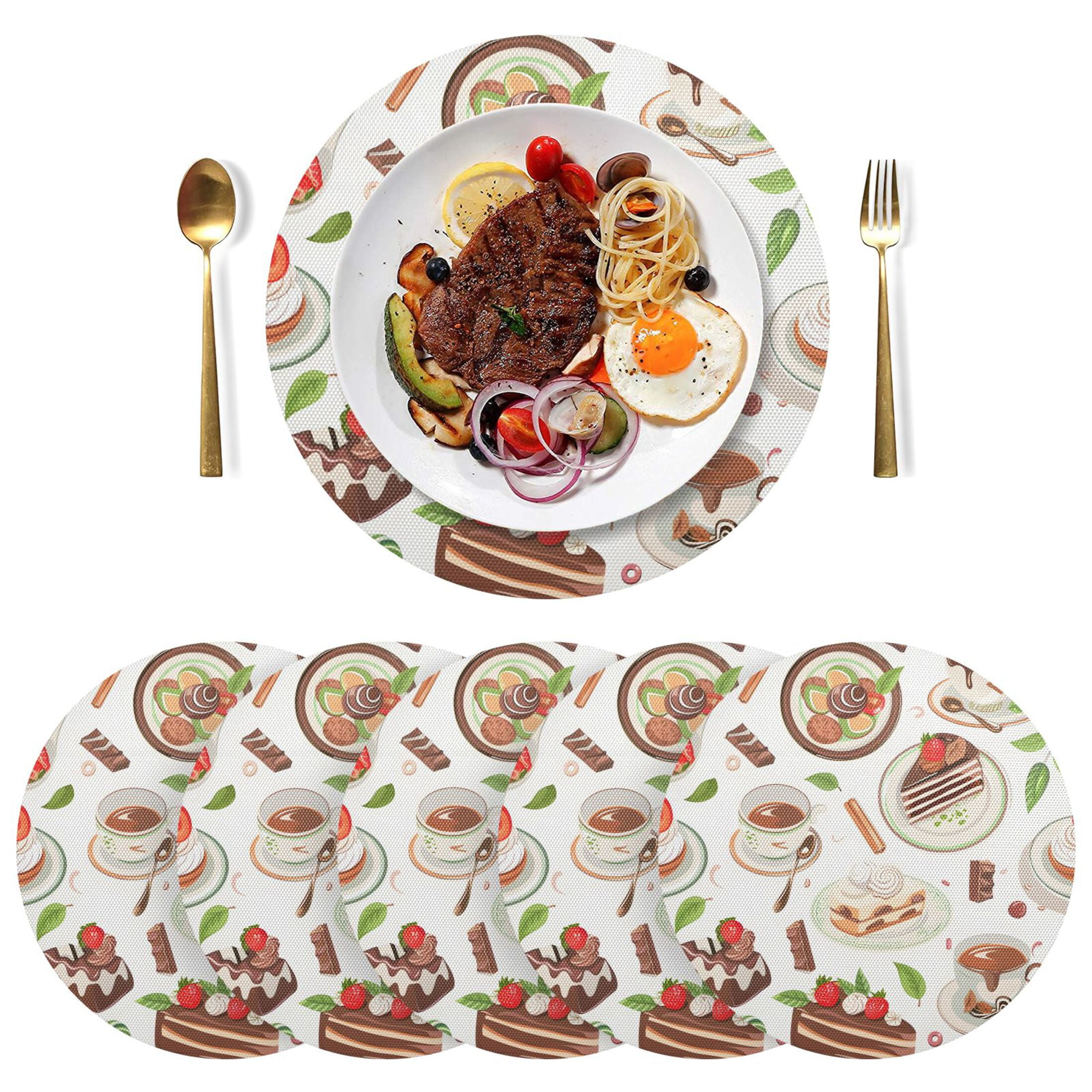 Coffee Tea Cups Cakes Leaves Black Round Placemats Plate Mats 15 Inch ...