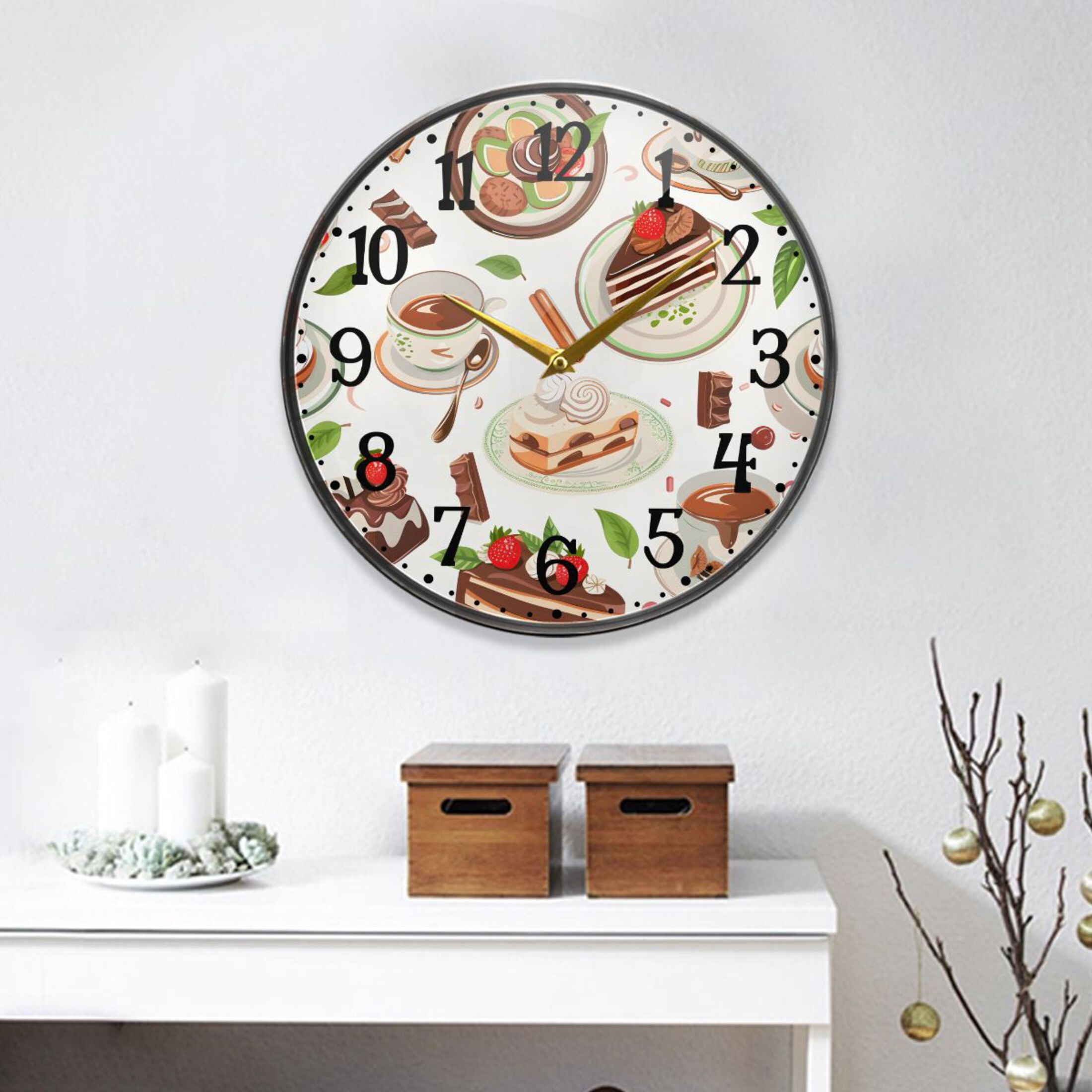 Coffee Tea Pots Cups Leaves Round Wall Clock 12 Inch Non-Ticking Silent ...