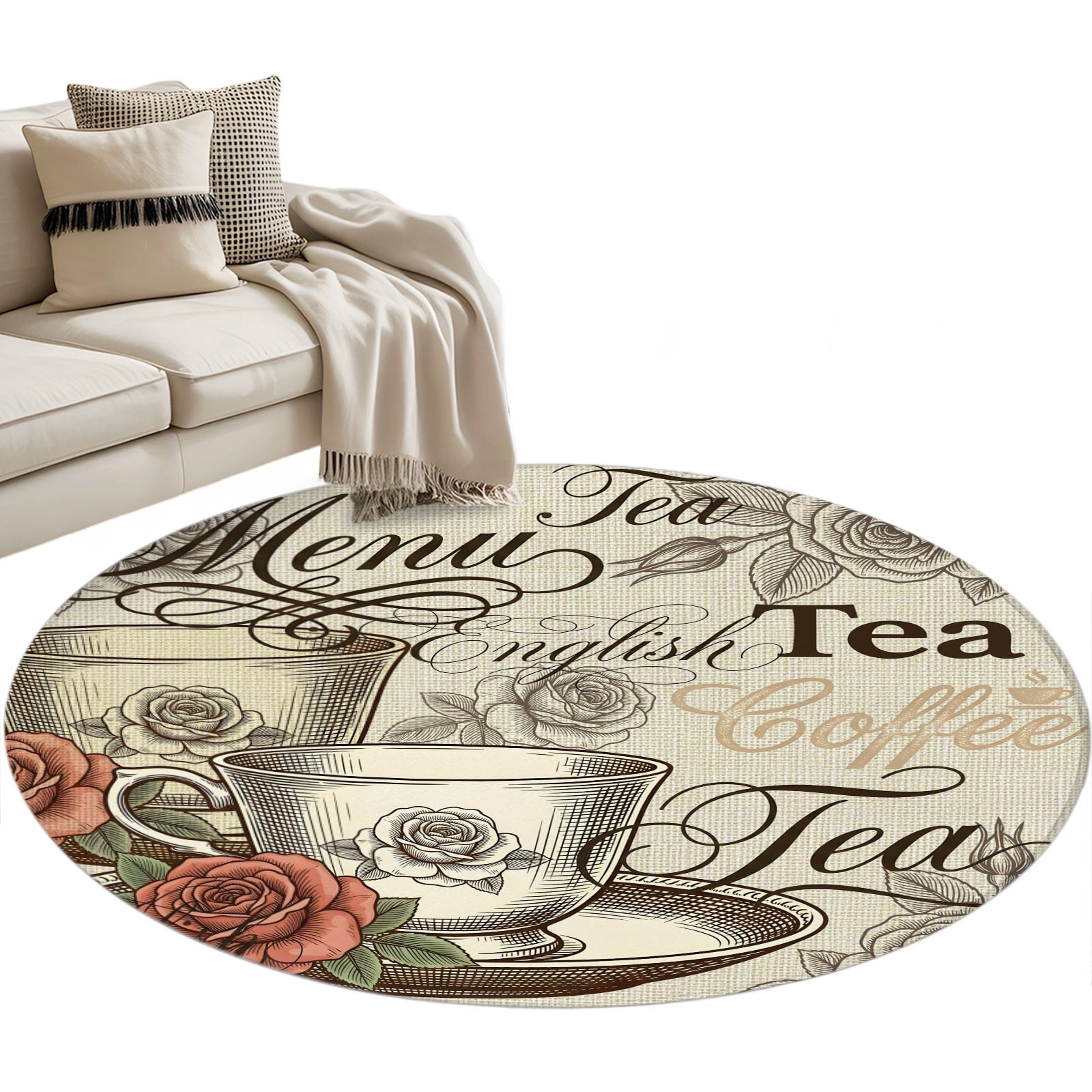 Coffee Tea Time Round Rug 3ft Washable Circle Entryway Rugs Non Slip ...
