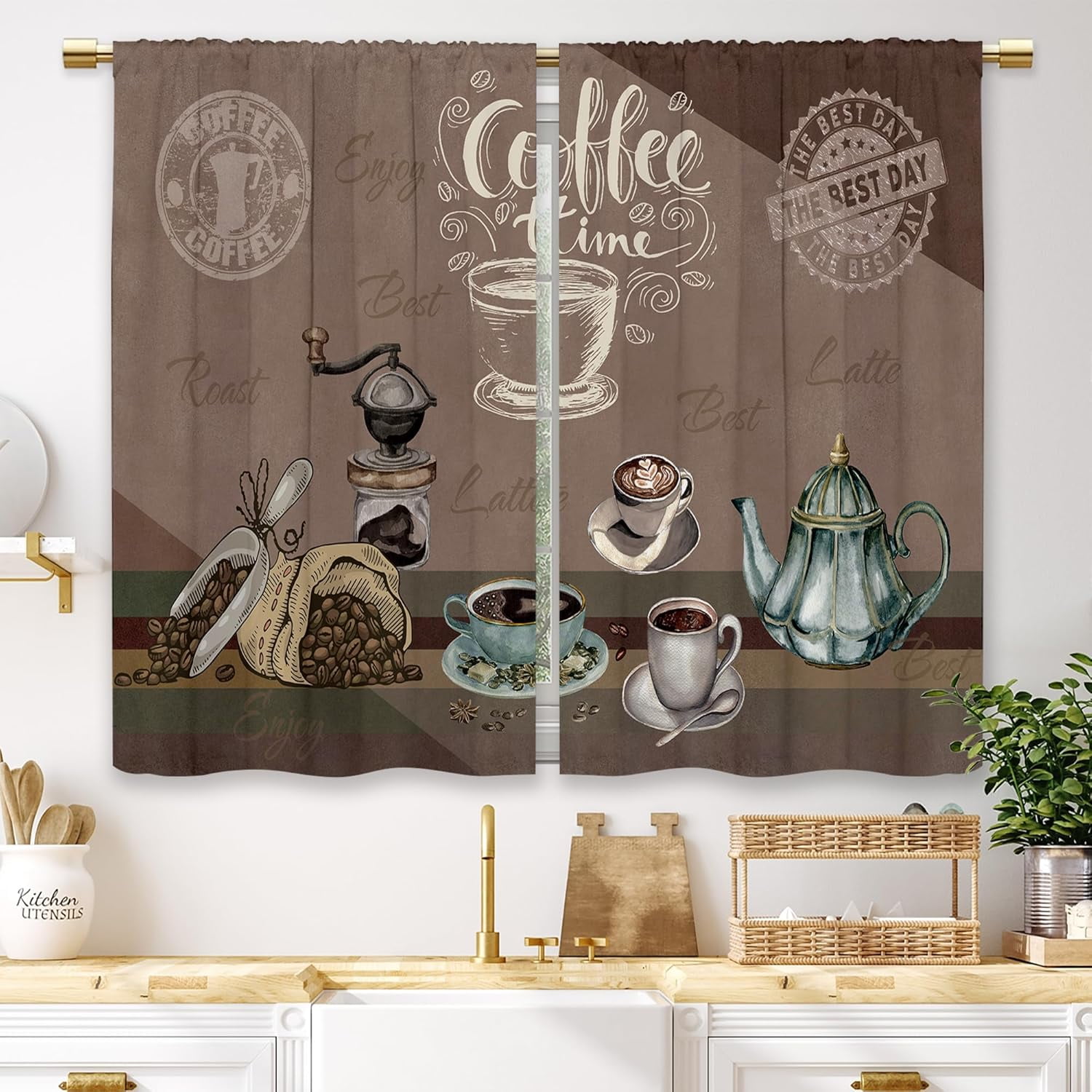 Coffee Theme Brown Kitchen Curtains Country Vintage Rustic Modern Latte ...
