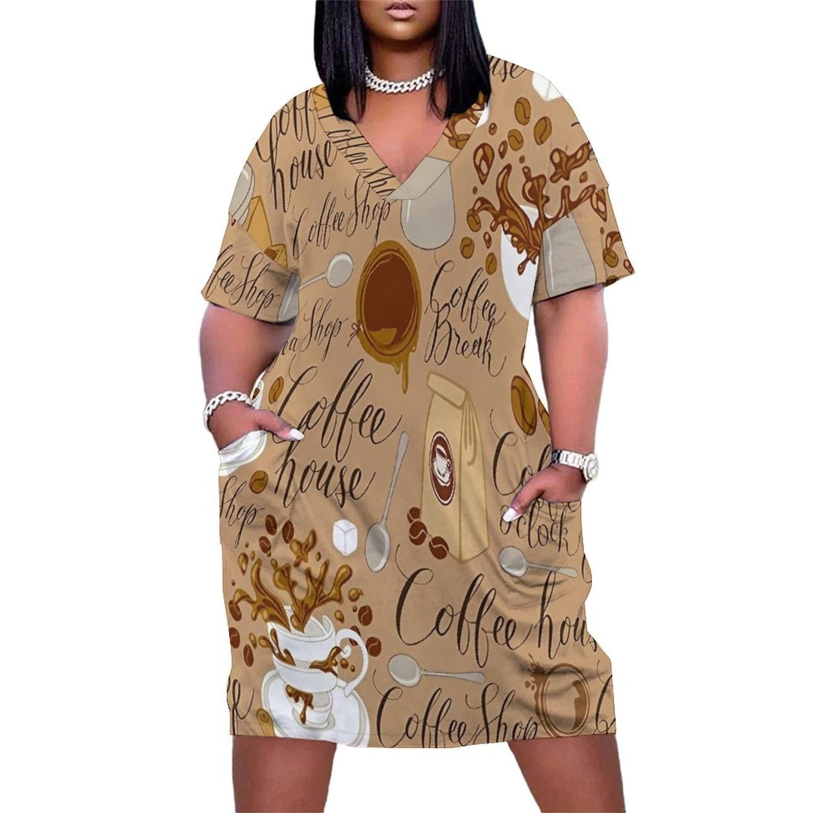 Coffee Theme Coffee Beans Cup Coffee Loose Pocket Dress Dresses Summer ...