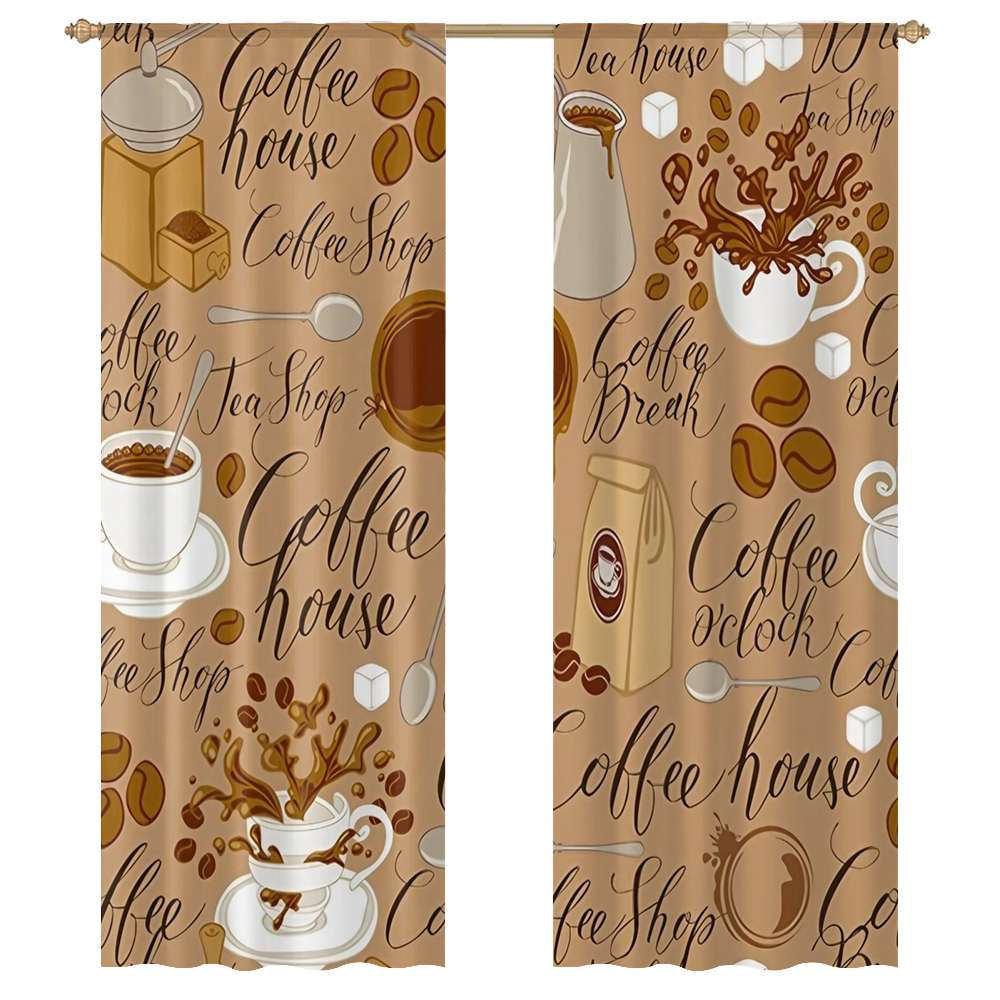 Coffee Theme Coffee Beans Cup Coffee Sheer Window Curtains for Living ...