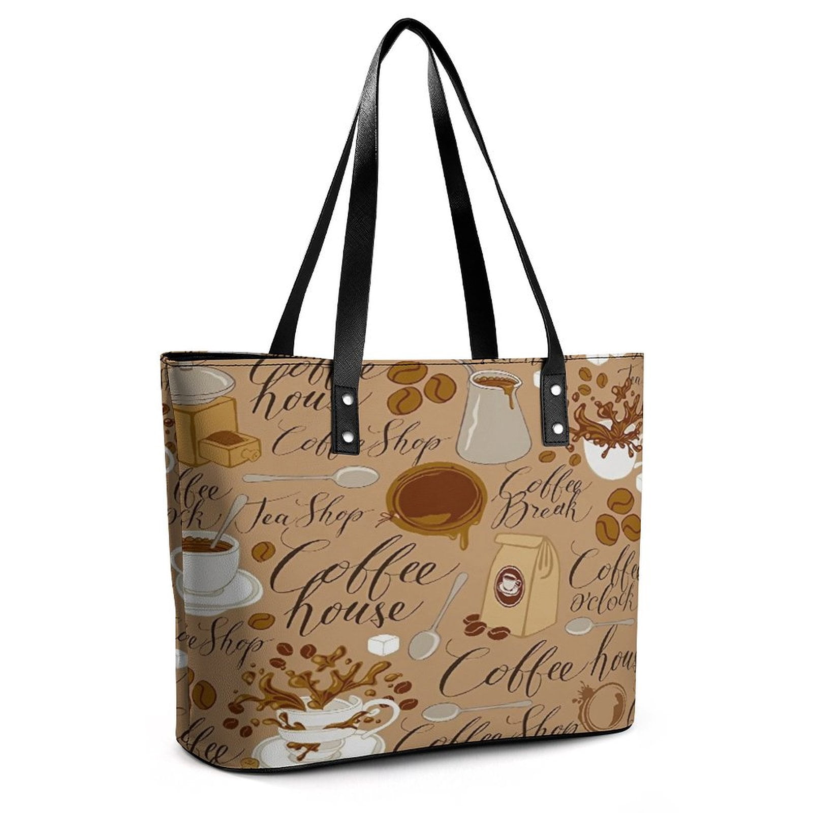 Coffee Theme Coffee Beans Cup Coffee Woman Leather Handbags Large Tote ...