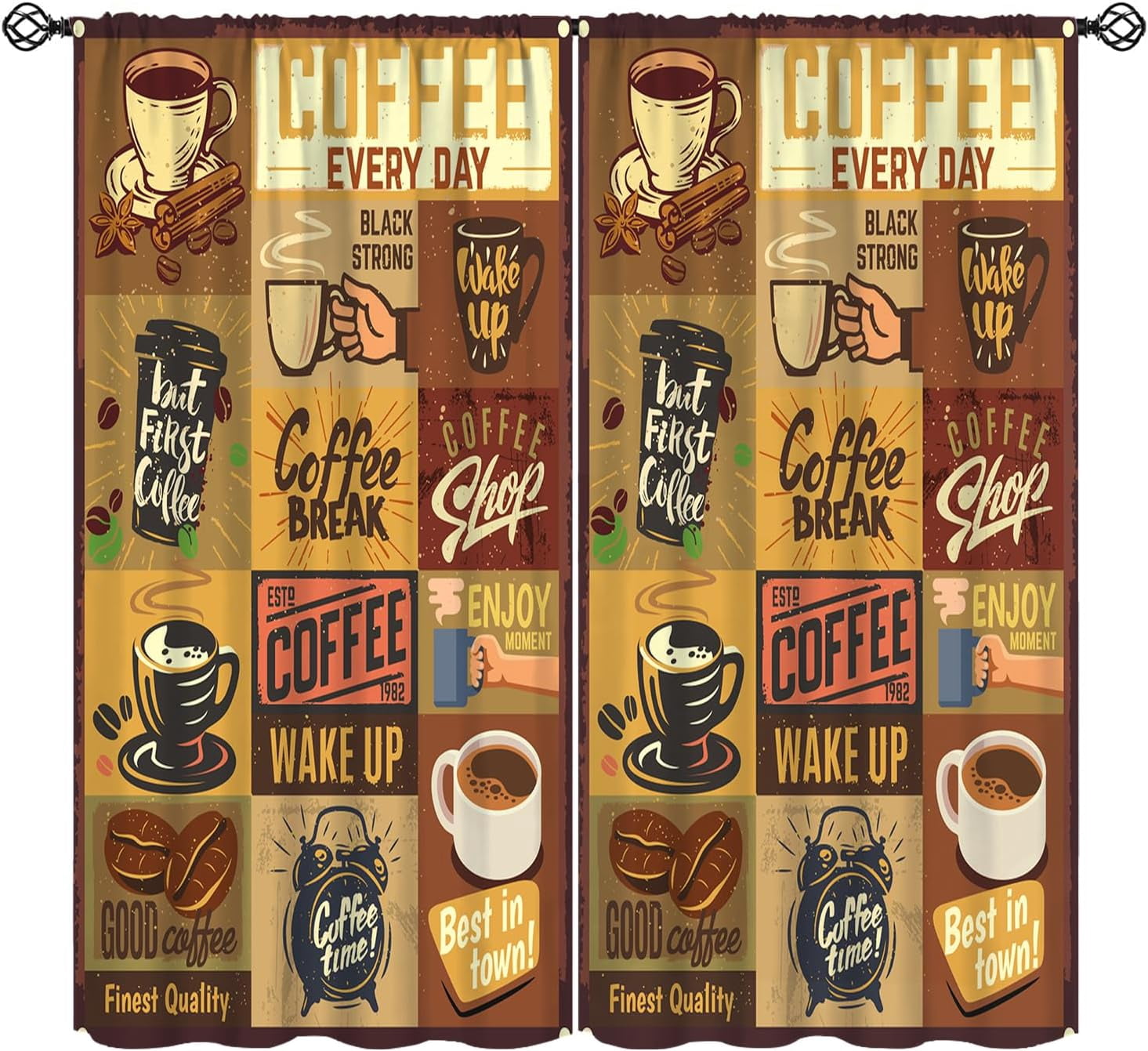 Coffee Theme Curtains, Retro Kitchen Cafe Poster Window Treatments, Rod ...