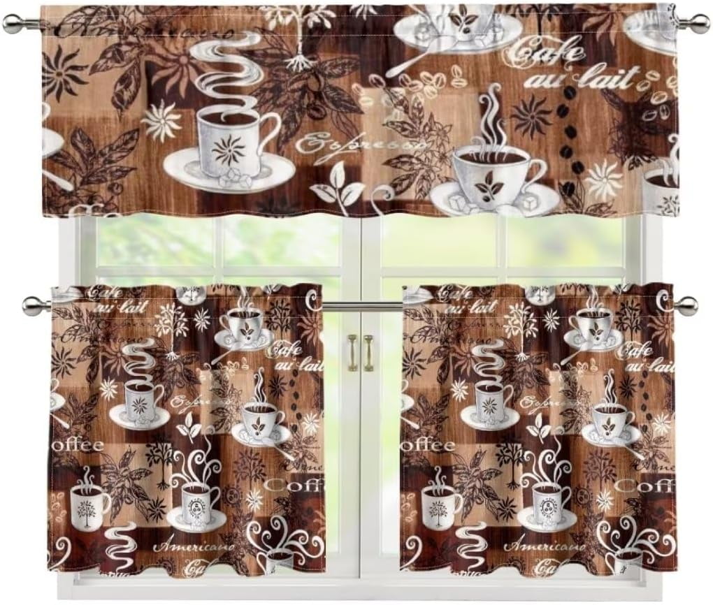 Coffee Theme Kitchen Curtain Valance and Tiers Set Rod Pocket Cafe ...