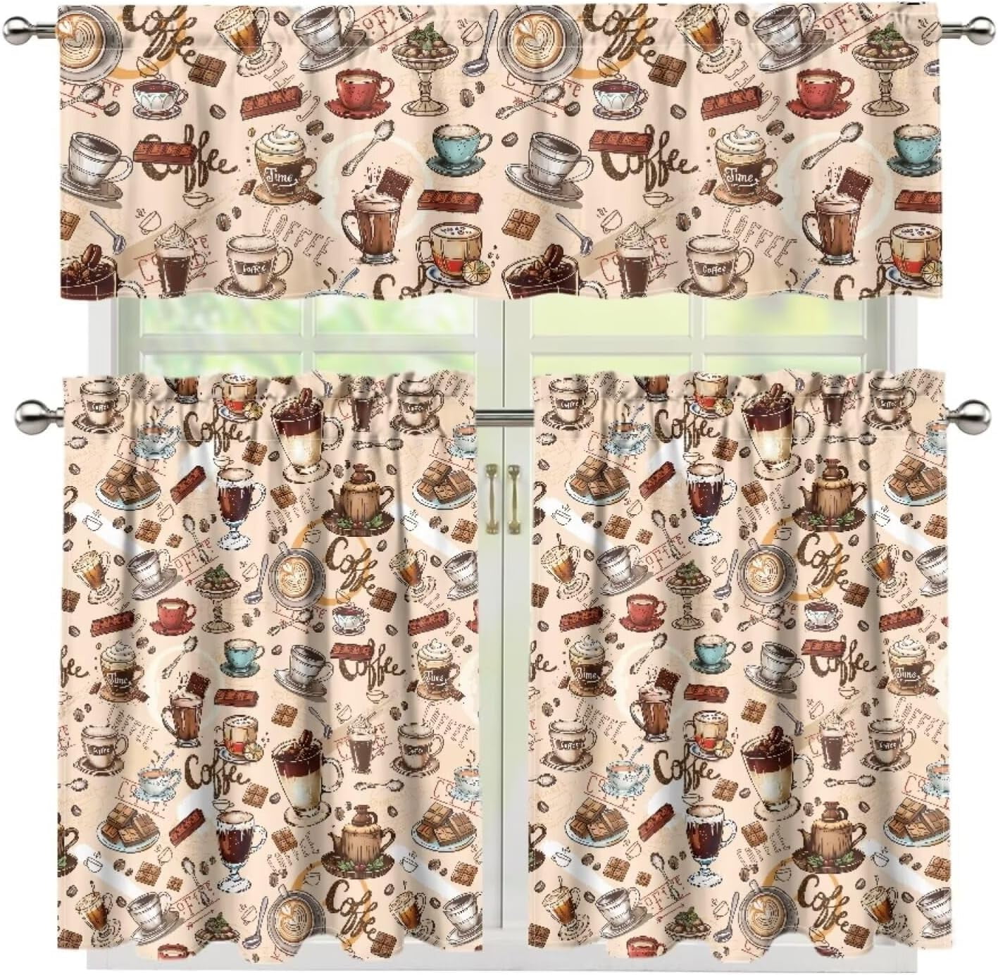 Coffee Theme Kitchen Curtains Set for Window Curtains Valance Set of 3 ...