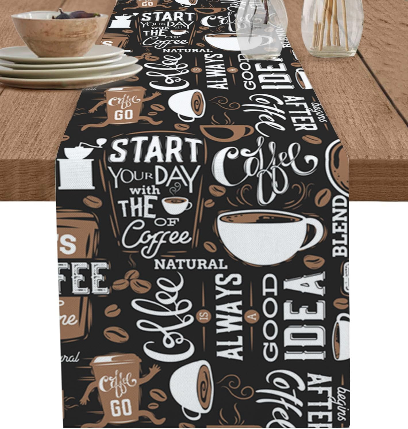 Coffee Theme Linen Table Runner Dress Scarves Reusable Retro Black ...