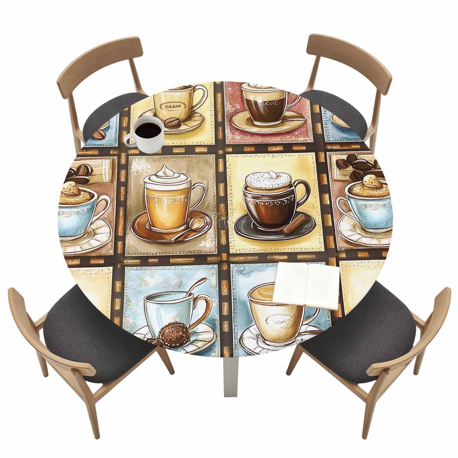 Coffee Theme Round Fitted Tablecloth with Elastic Edge Retro Colorful ...