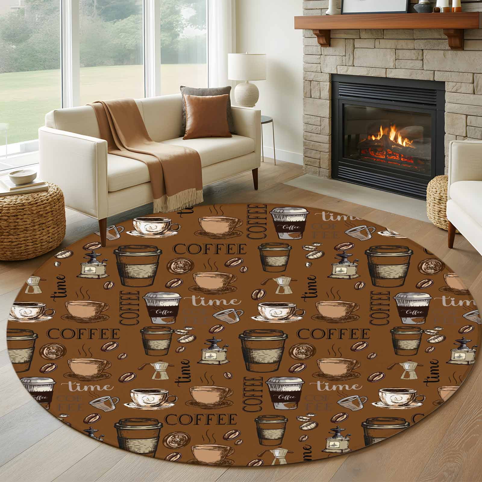 Coffee Theme Round Rug 5ft Washable Circle Kitchen Rugs Non Slip Funny ...