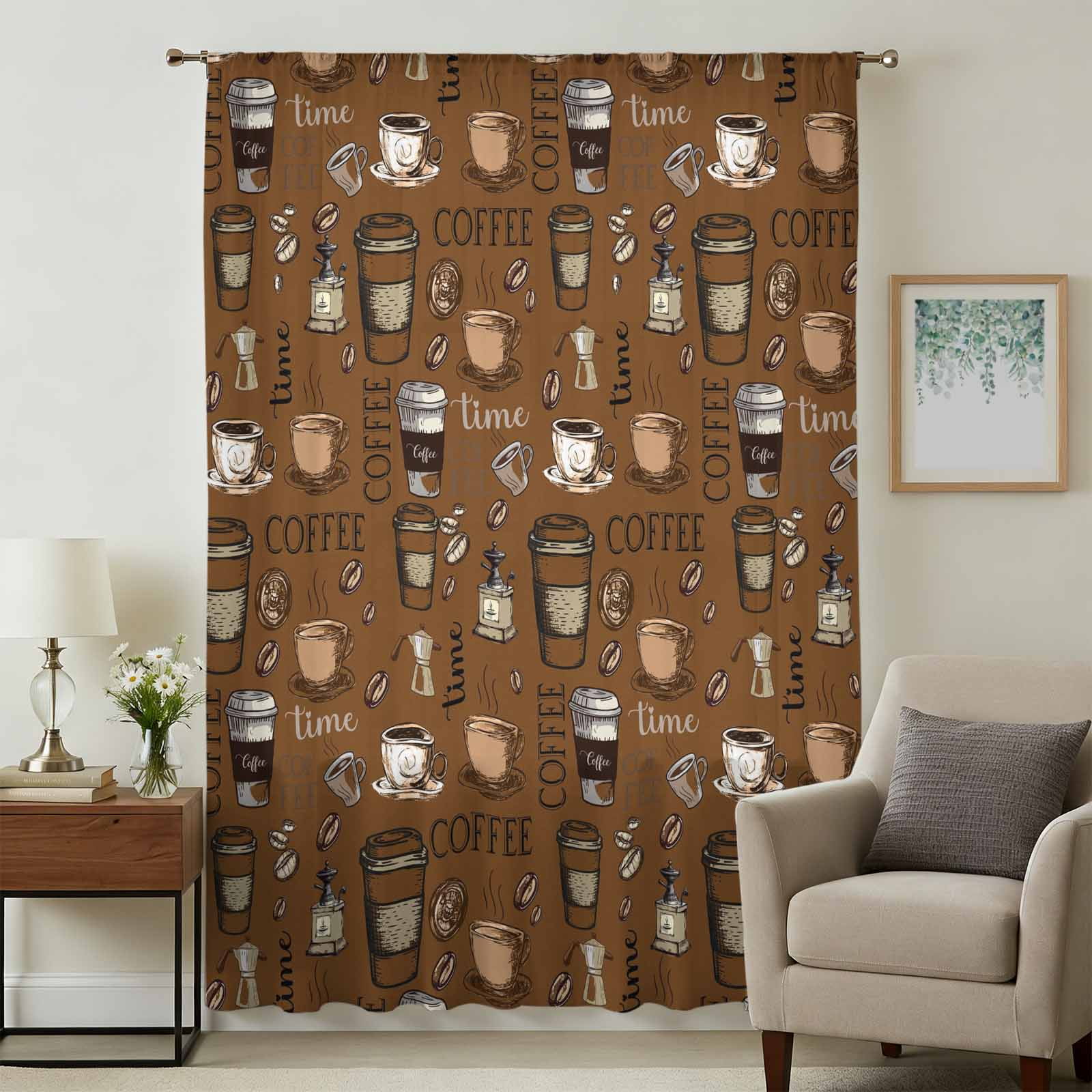 Coffee Theme Sheer Curtains 96 Inches Long, Funny Brown Vintage Beans ...