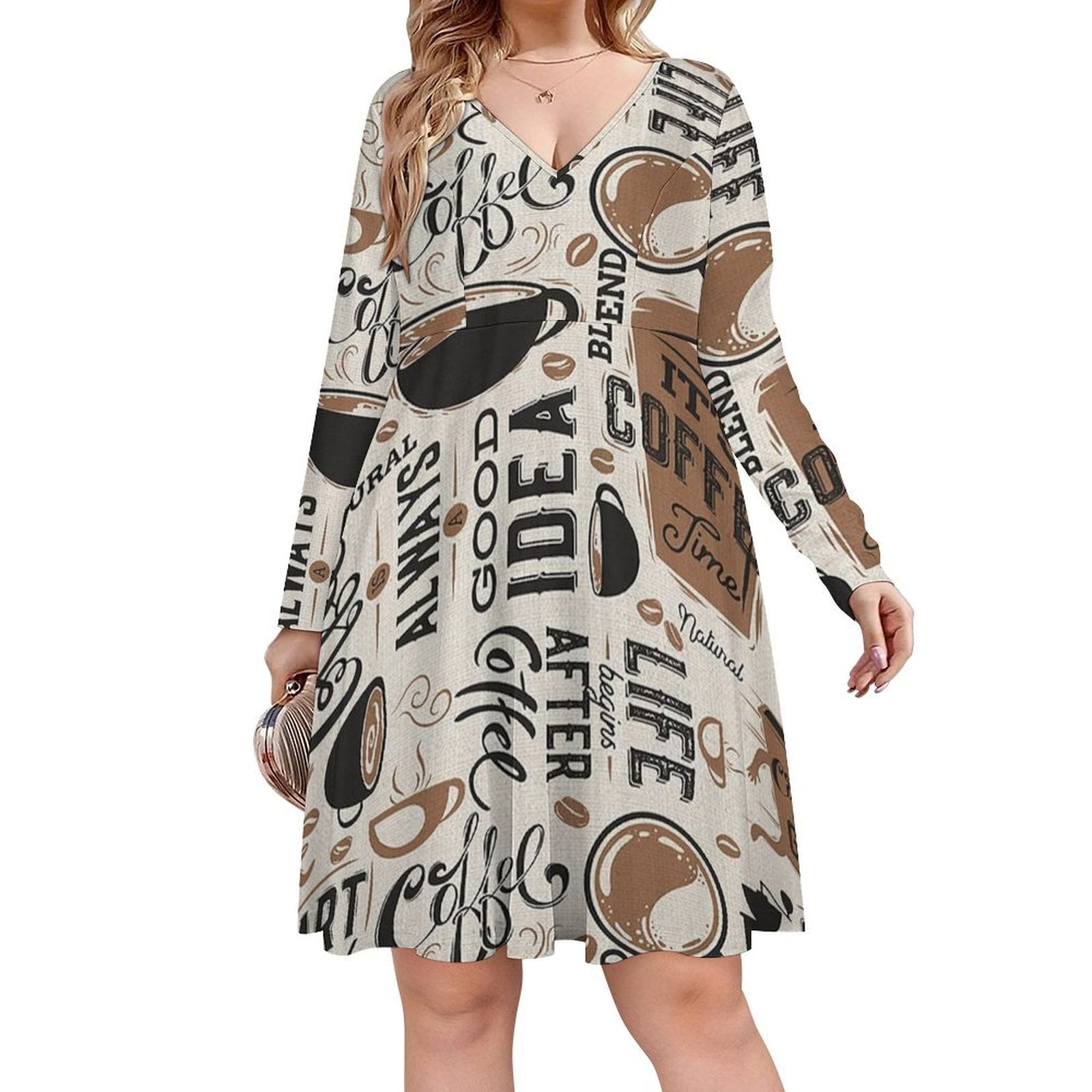 Coffee Themed Long Sleeve Dresses For Women Vintage Elegant Party Dress Oversized V-neck Dress S ...