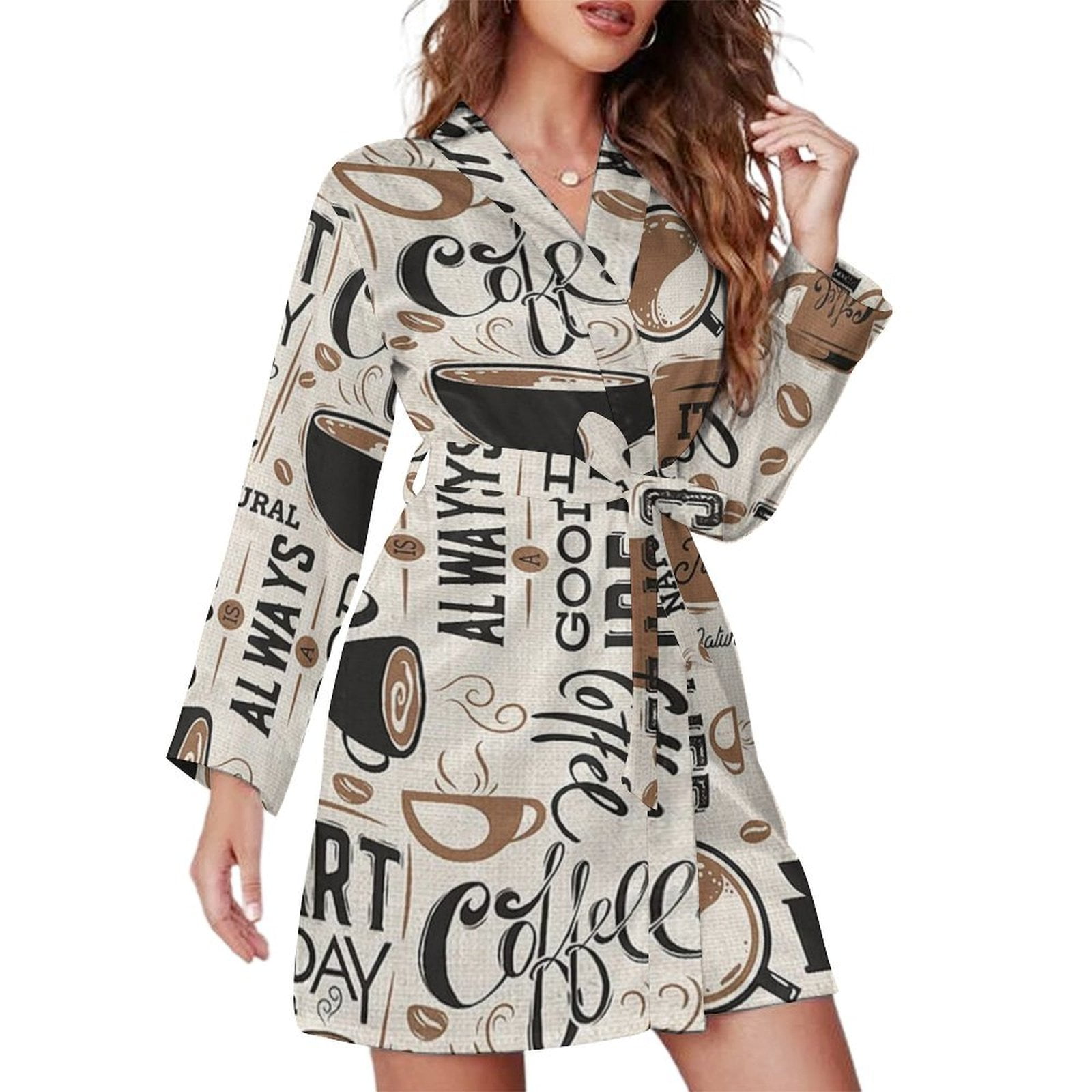 Coffee Themed Night Robe Long Sleeve V Neck Robe With Belt Women's ...