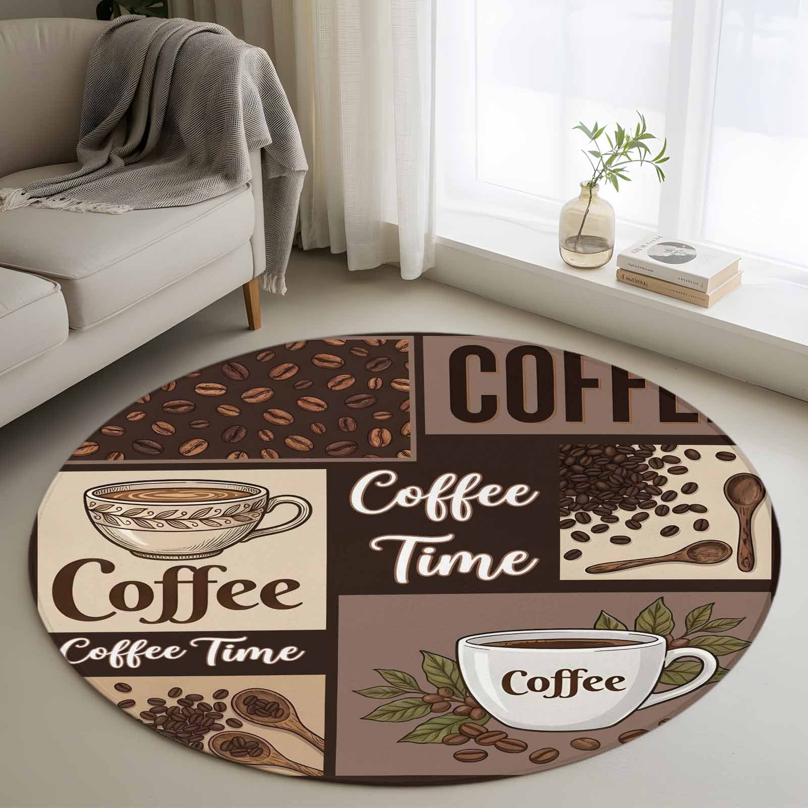 Coffee Time 3FT Round Area Rugs Retro Coffee Beans Dark Brown Patchwork ...