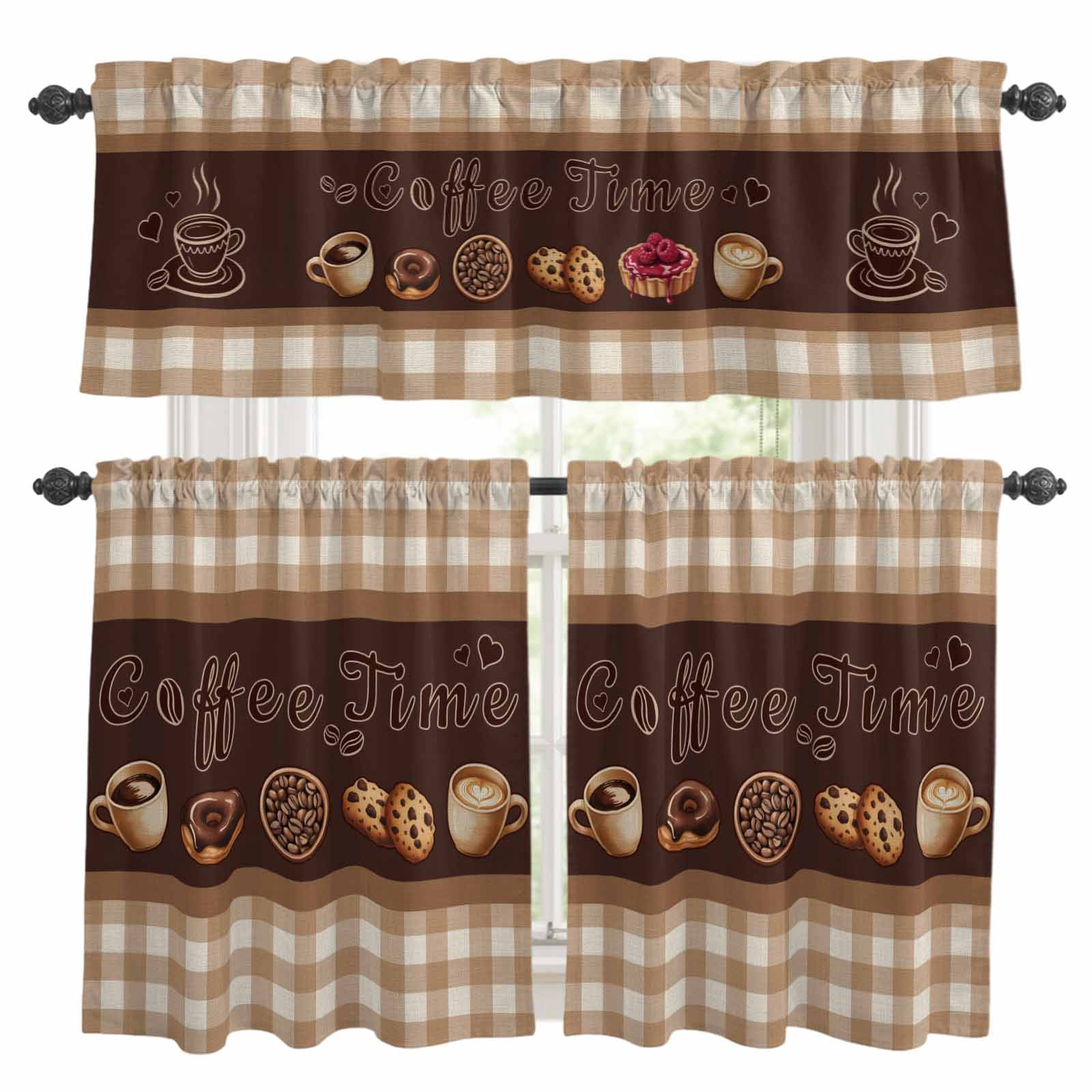Coffee Time Beans Kitchen Curtains Valances and Tiers Set of 3 Desserts ...