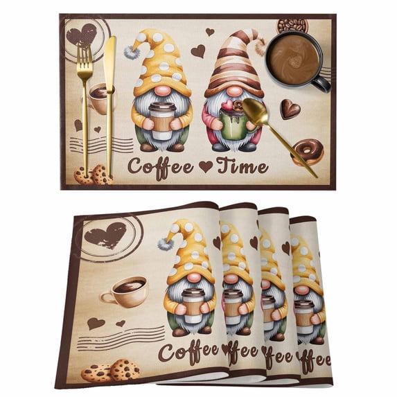 Coffee Time Cotton Linen Placemats Set of 8, Gnome Desserts Dwarfs Bean ...