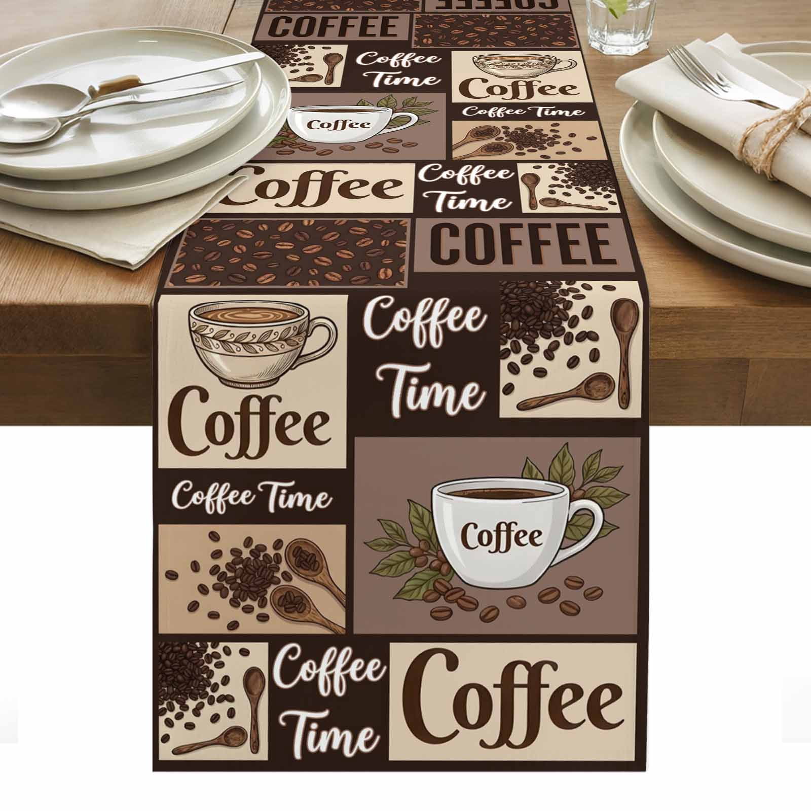 Coffee Time Cotton Linen Table Runner Retro Coffee Beans Dark Brown ...
