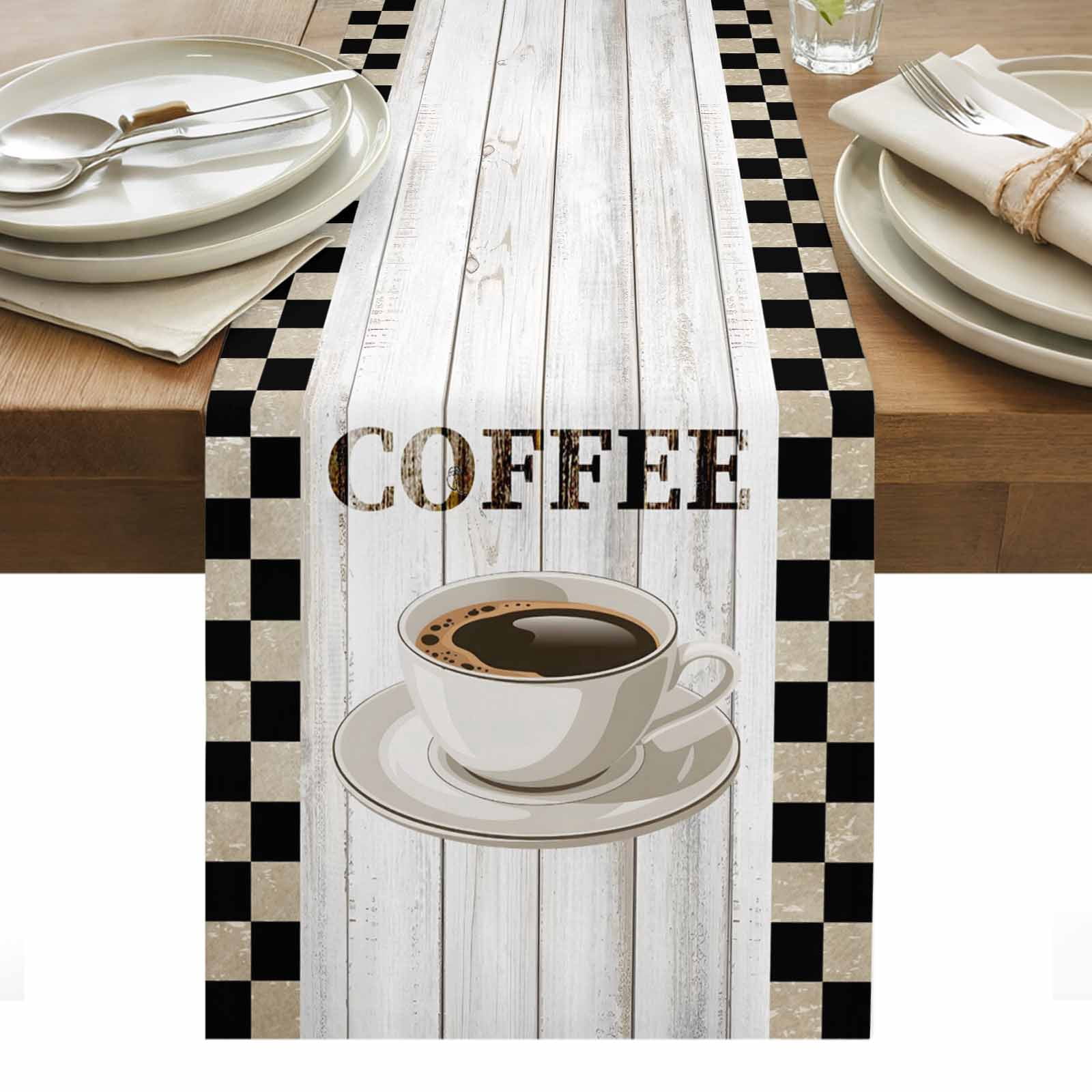 Coffee Time Cotton Linen Table Runner Vintage Hot Drink Brown Plaid ...