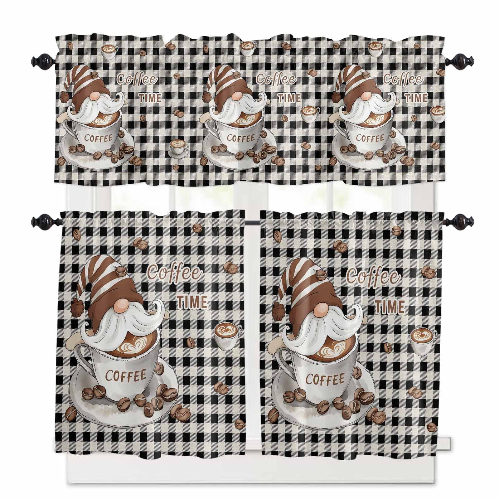 Coffee Time Kitchen Curtains Valance and Tier Set Brown Gnome Black ...