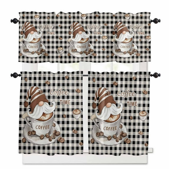 Coffee Time Kitchen Curtains Valance and Tier Set Brown Gnome Black ...
