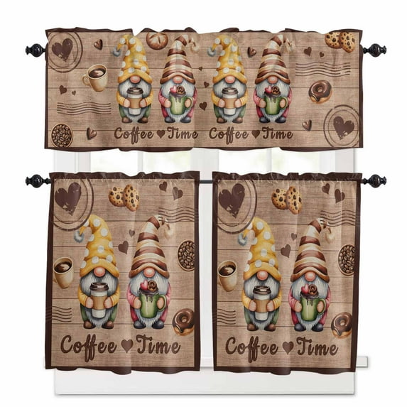 Coffee Time Kitchen Curtains Valance and Tier Set Gnome Desserts Dwarfs Bean Brown Wood Grain ...