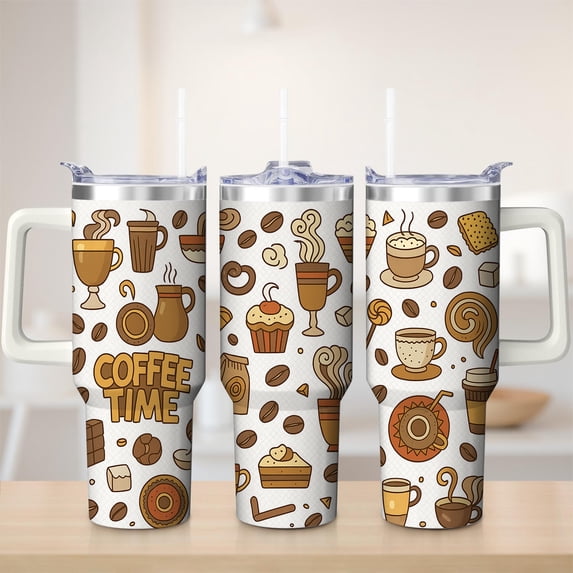 Coffee Time Pattern Stainless Steel Insulated Mug with Lid and Handle ...