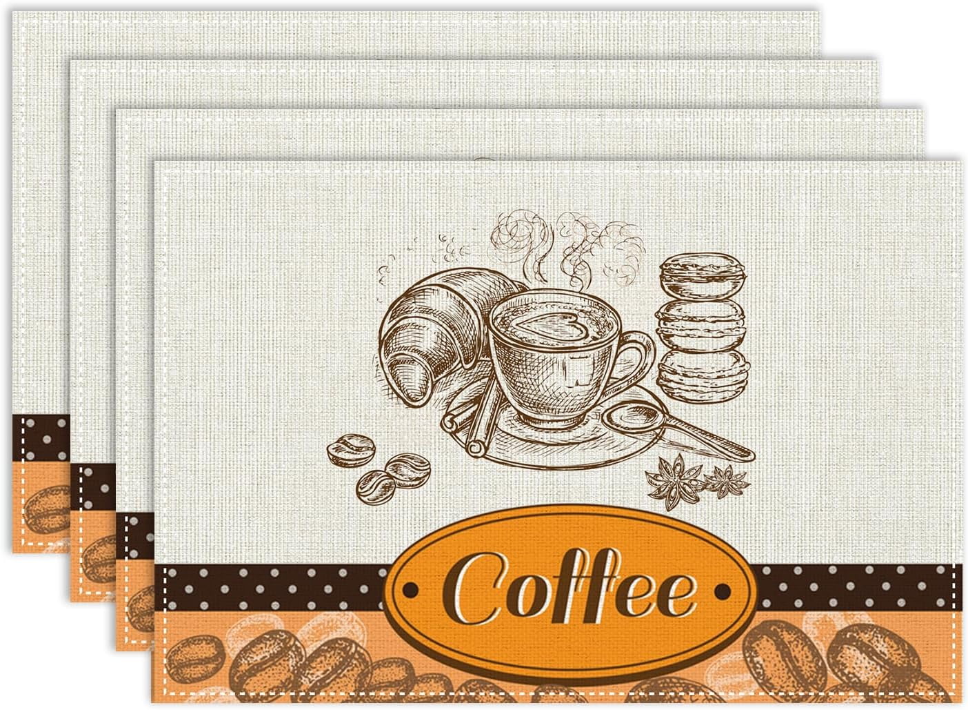 Coffee Time Placemats Set of 4, 12x18 Inch Farmhouse Retro Coffee Bean ...