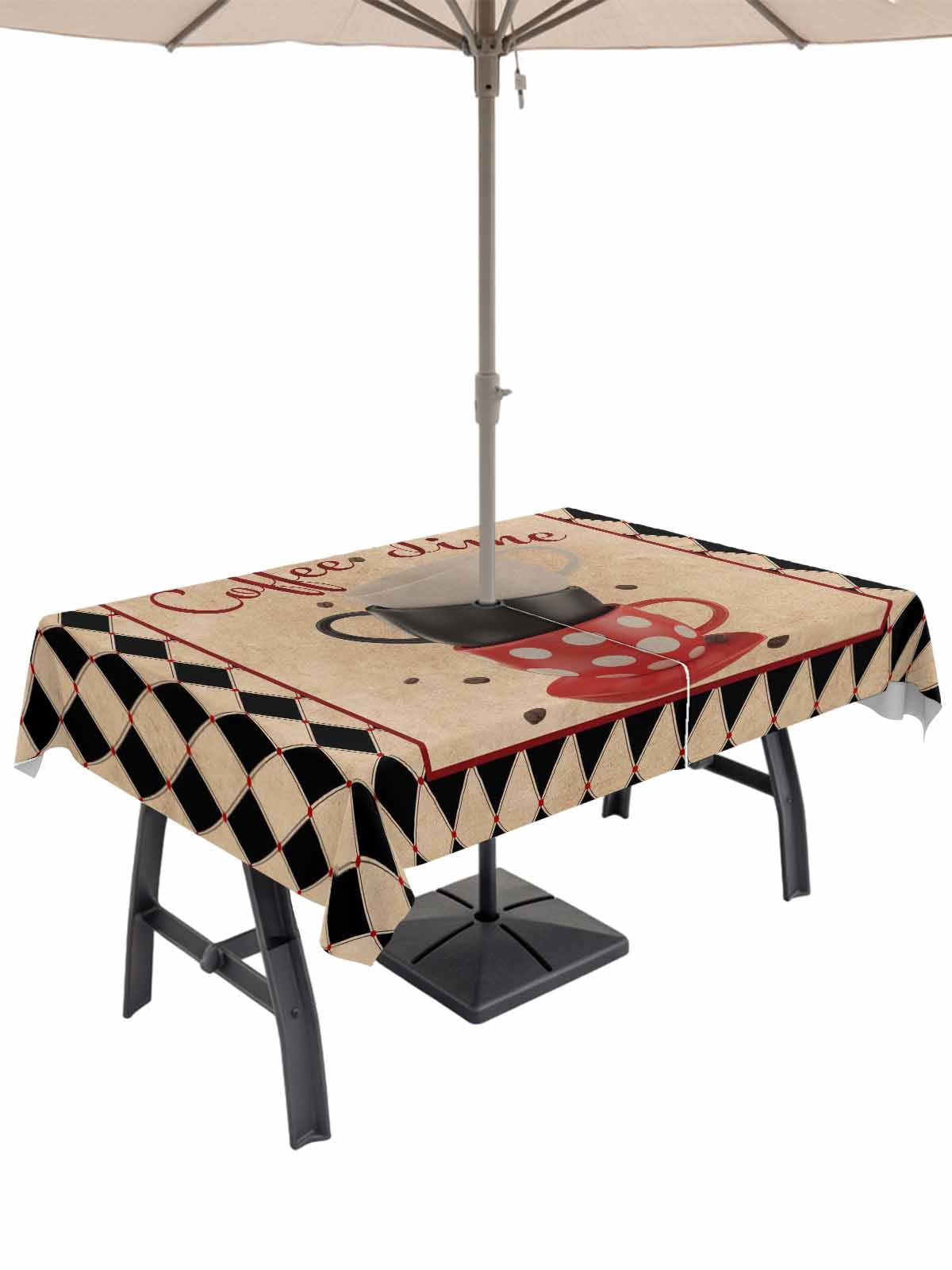 Coffee Time Rectangle Outdoor Tablecloth with Umbrella Hole Retro White ...