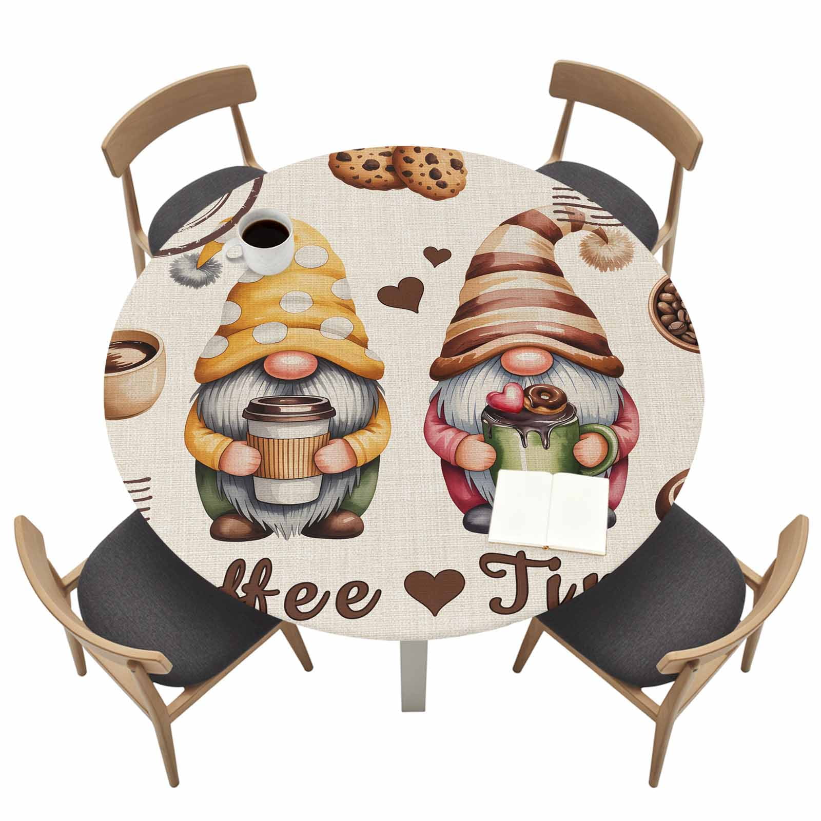 Coffee Time Round Fitted Tablecloth with Elastic Edge Gnome Desserts ...