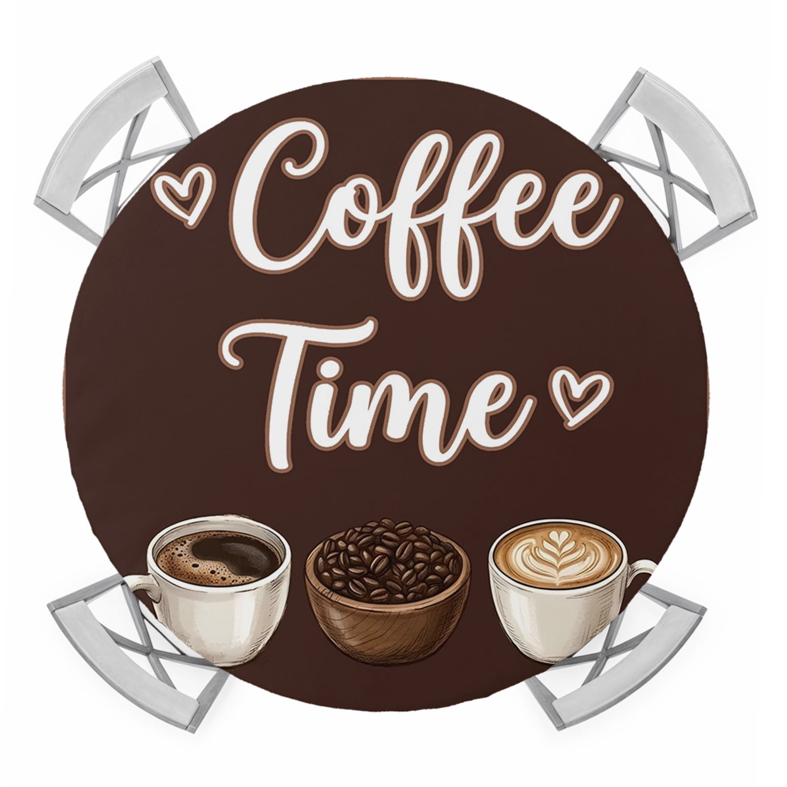Coffee Time Round Table Cover, Retro Brown Coffee Beans Cup Brown Plaid ...
