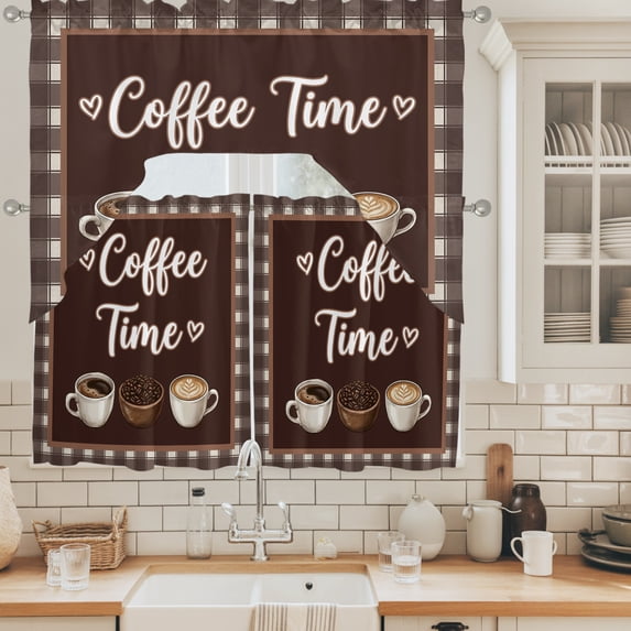 Coffee Time Swag Curtains Valance and Tier Set, Retro Brown Coffee ...