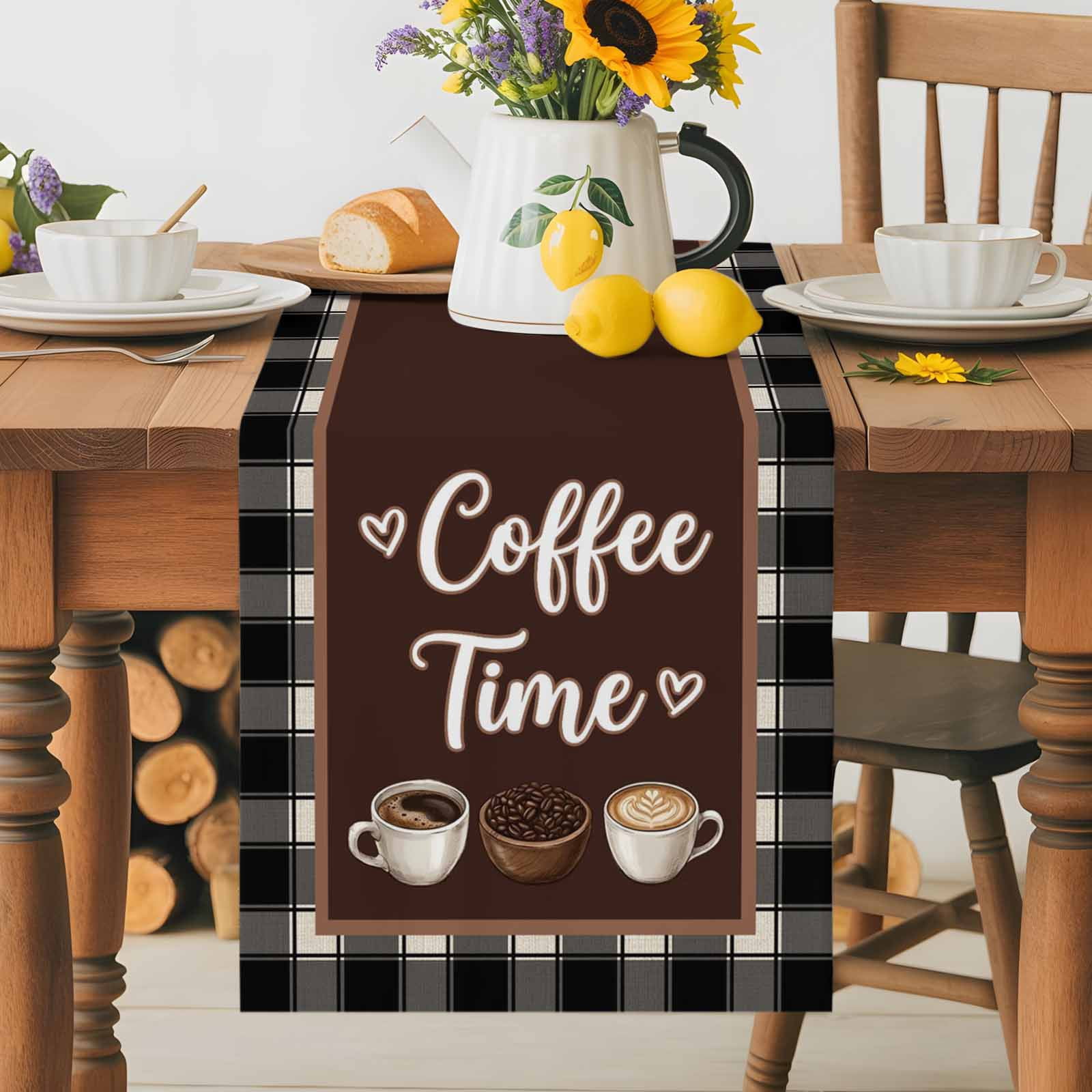 Coffee Time Table Runner 13x60 Inch Retro Brown Coffee Beans Cup Black ...