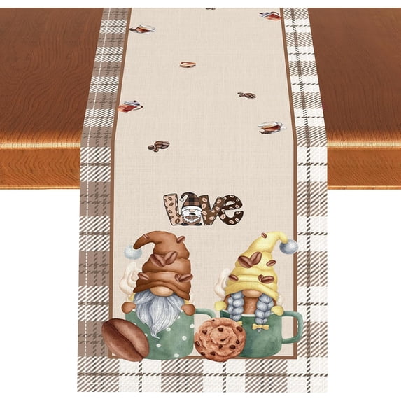 Coffee Time Table Runner, Retro Brown Gnome Cup Coffee Bean Latte Tea ...