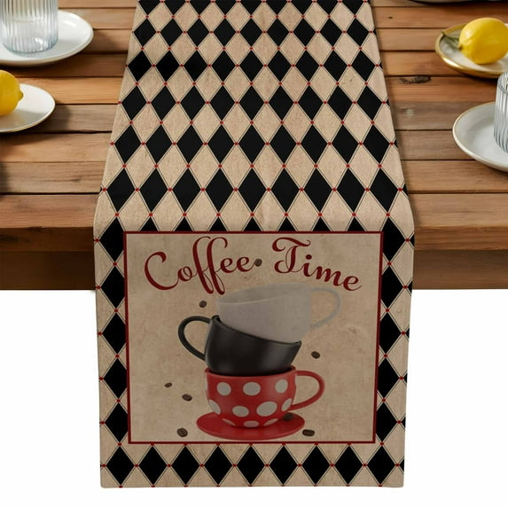 Coffee Time Table Runner, Retro White Black Red Dots Coffee Cup Black ...