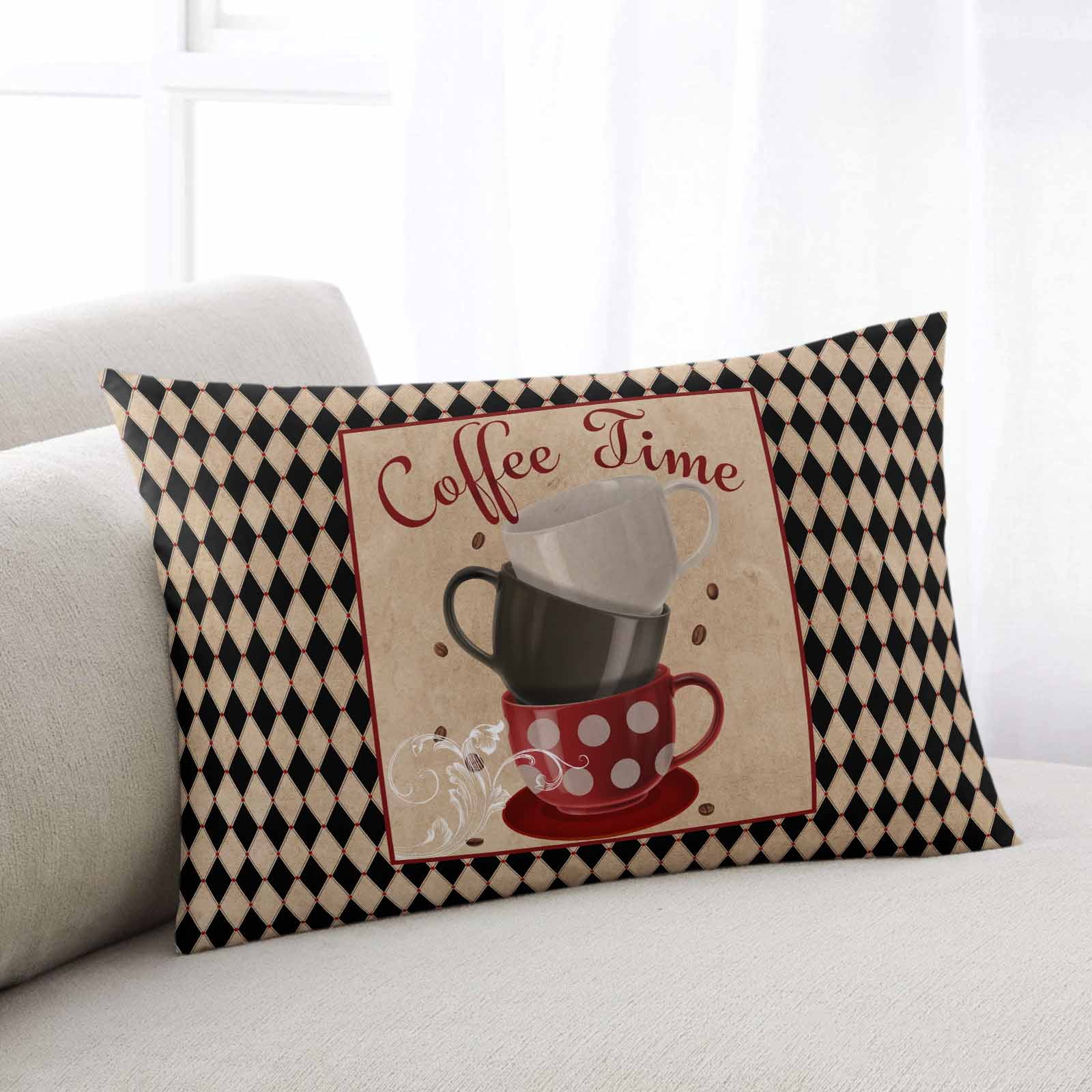 Coffee Time Throw Pillow Cover, Farmhouse Enjoy Vintage Checkered ...