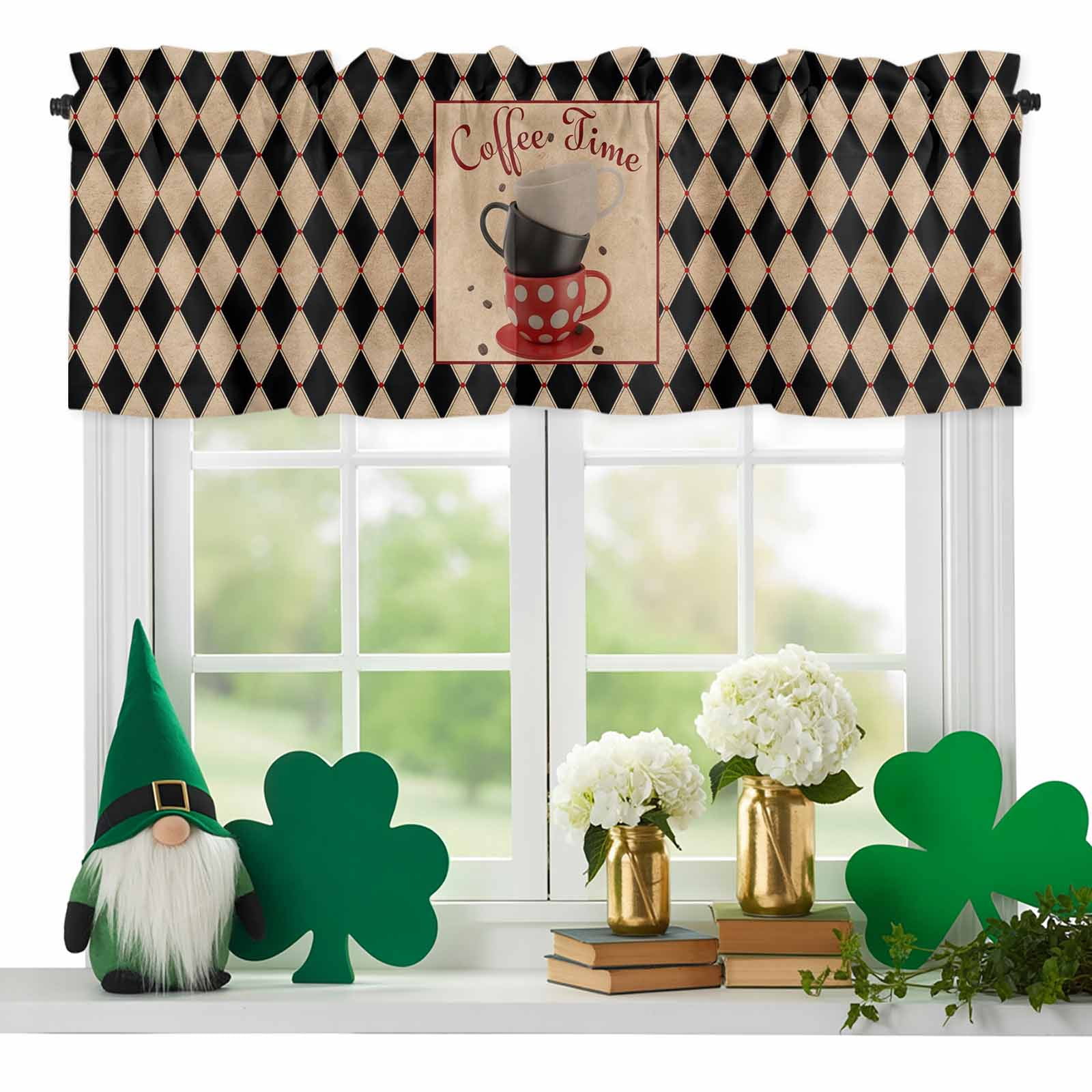 Coffee Time Valances for Windows, Retro White Black Red Dots Coffee Cup ...