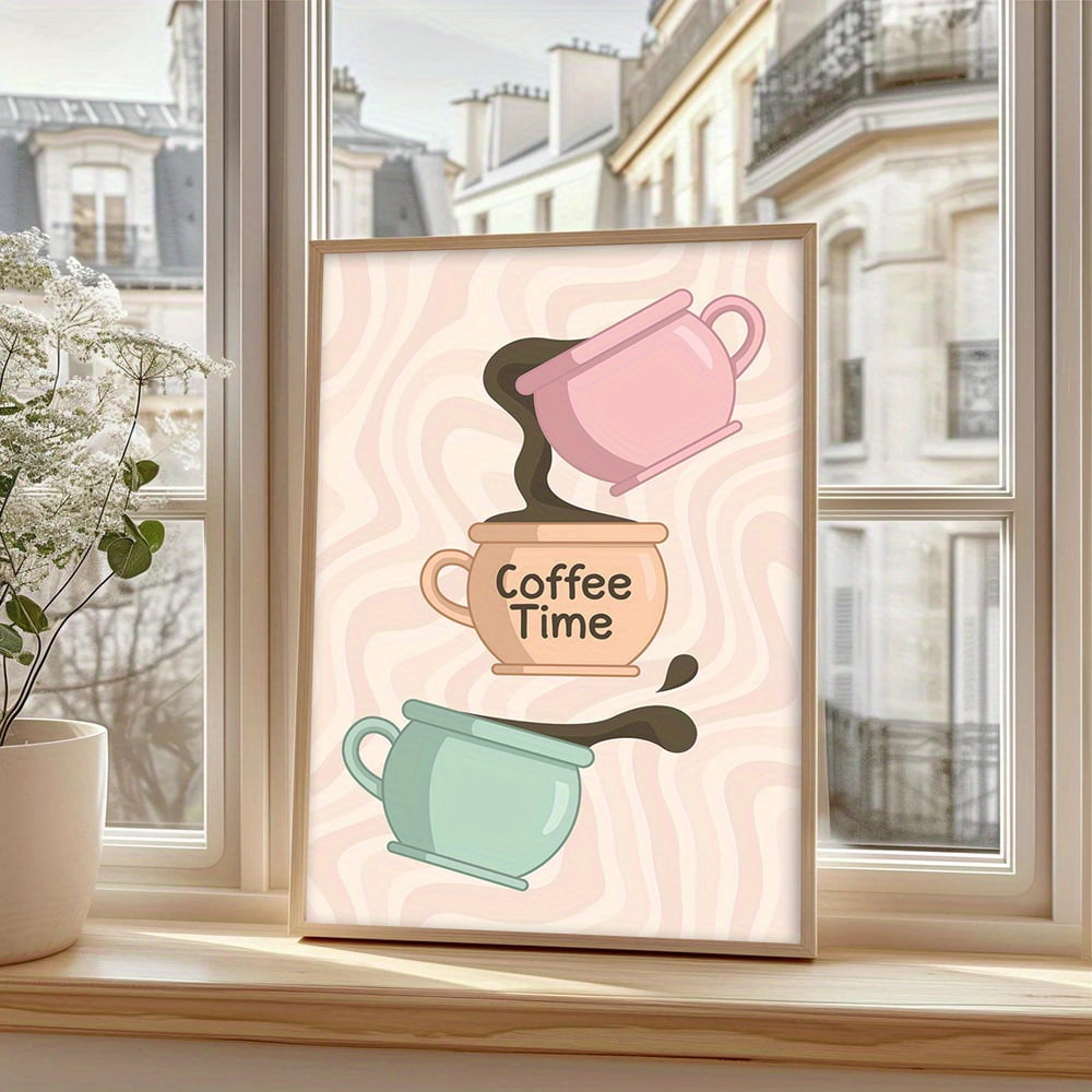 Coffee Time Wall Art Poster Warm Background Pink Green Cup Illustration ...