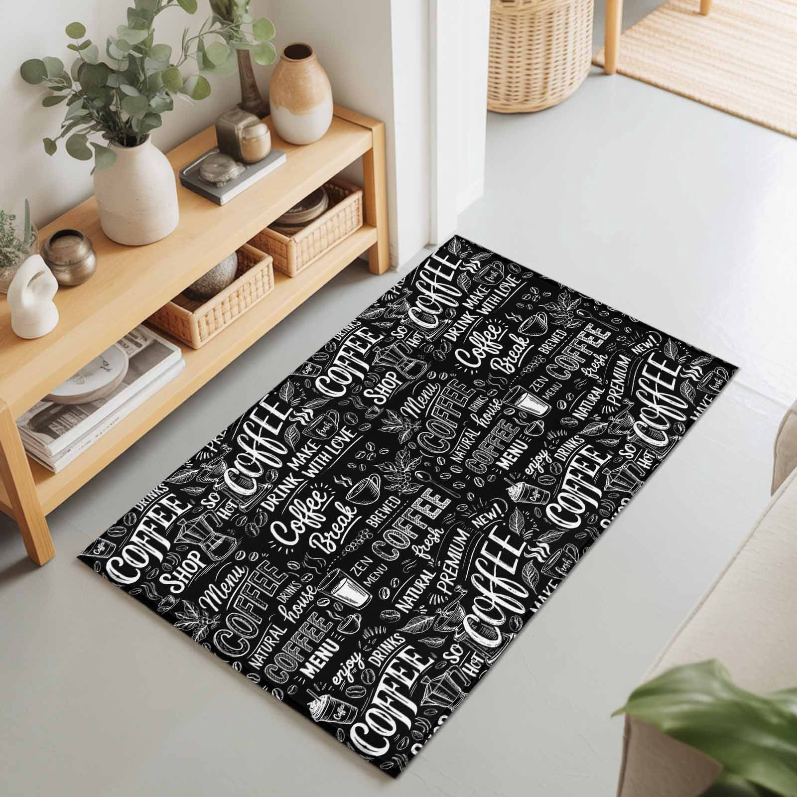 Coffee Time White Quote on Black Rectangle Rug 2'x3' Milk Tea Cup Cocoa ...
