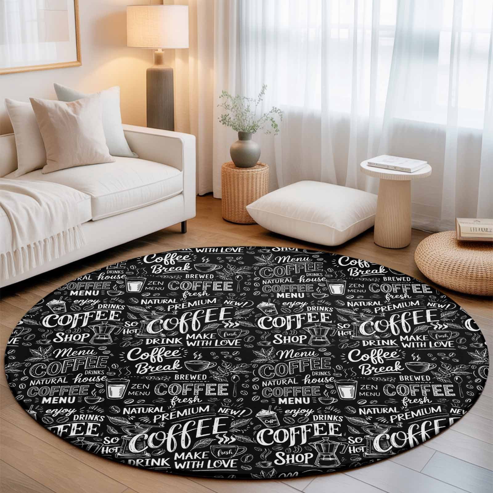 Coffee Time White Quote on Black Round Rug 5ft Milk Tea Cup Cocoa Bean ...