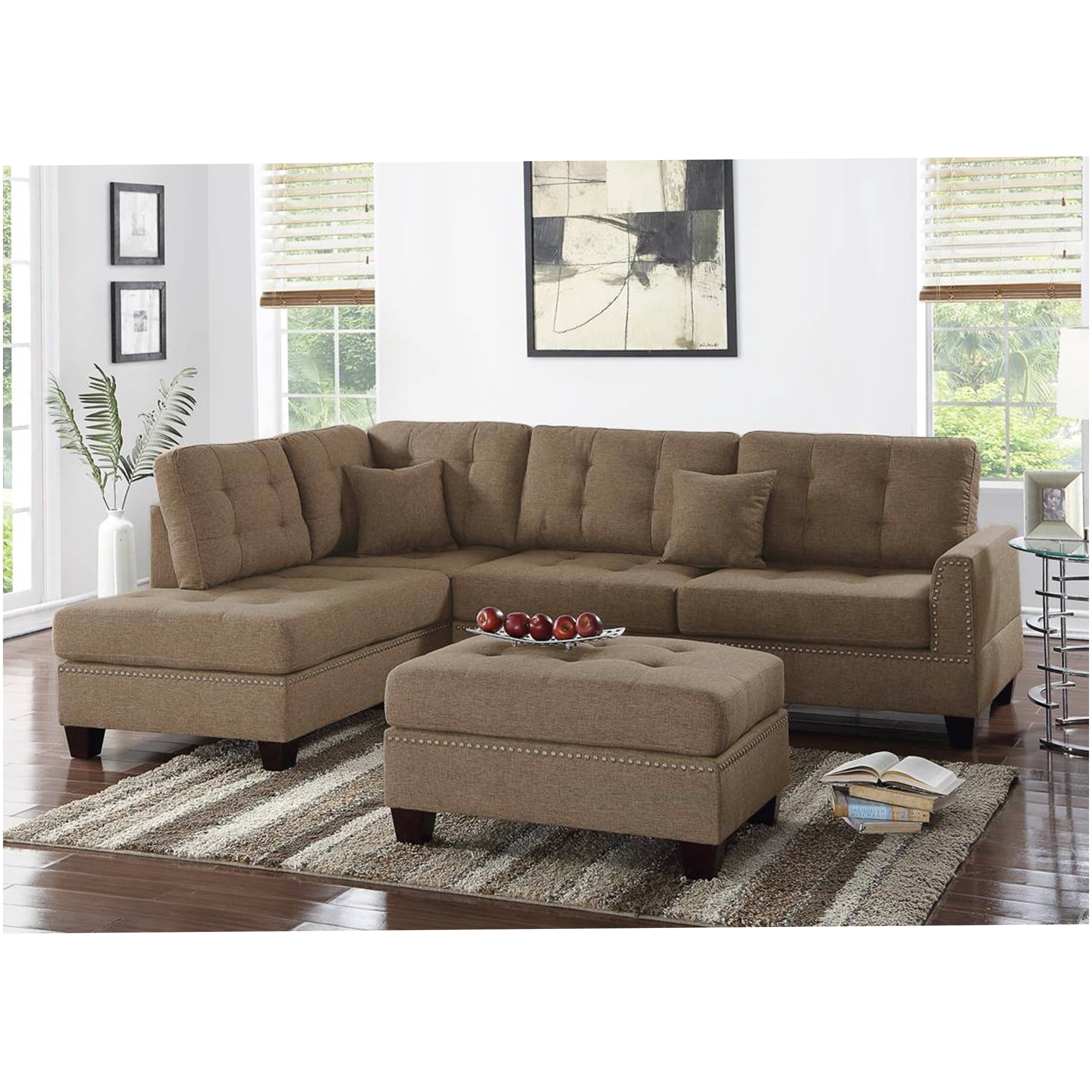 Coffee Toned Reversible Sectional Couch with Ottoman, Tufted Linen-Like ...