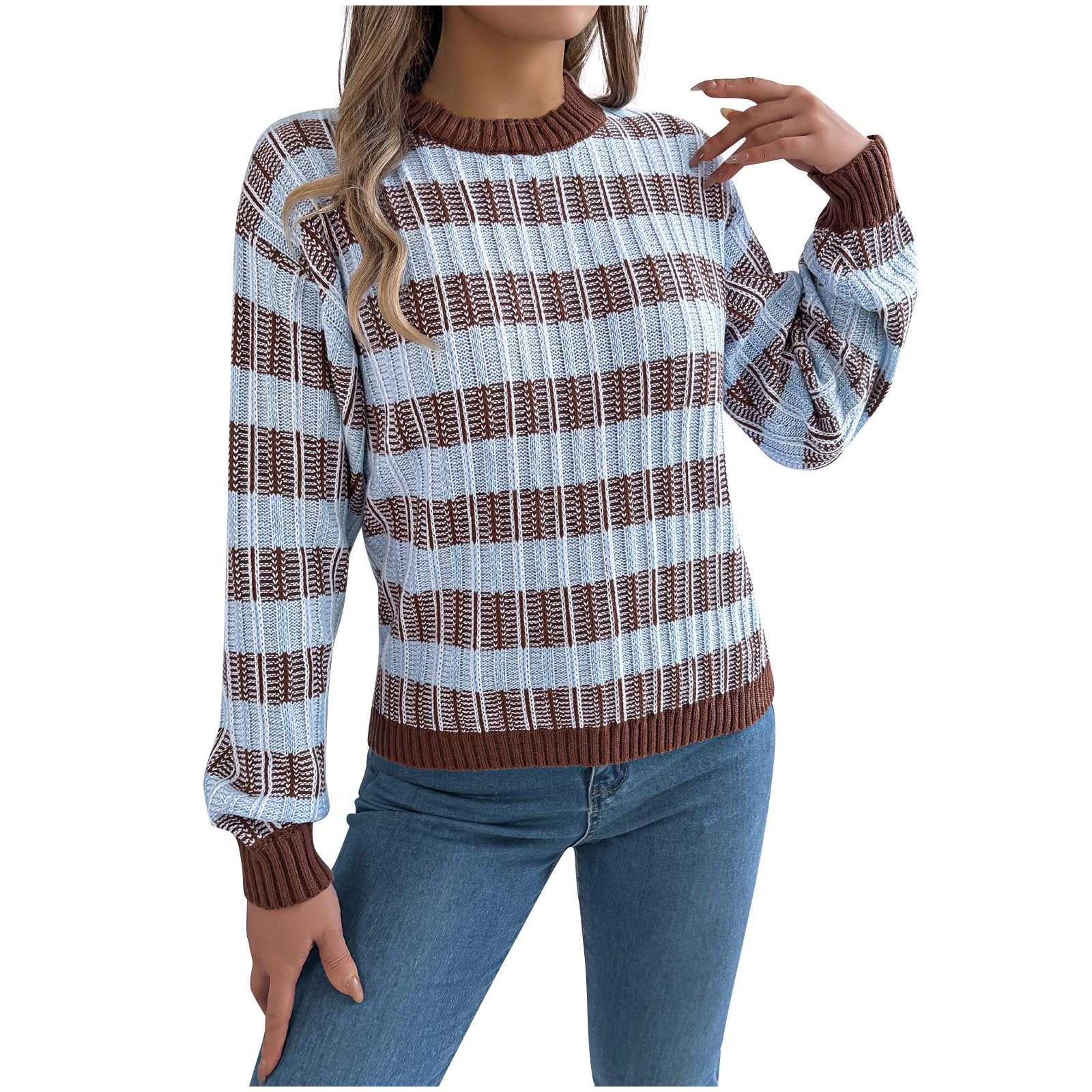 Coffee Tops for Women Fall Winter Long Sleeve Crew Neck Sweater Crochet Striped Knit Tops ...
