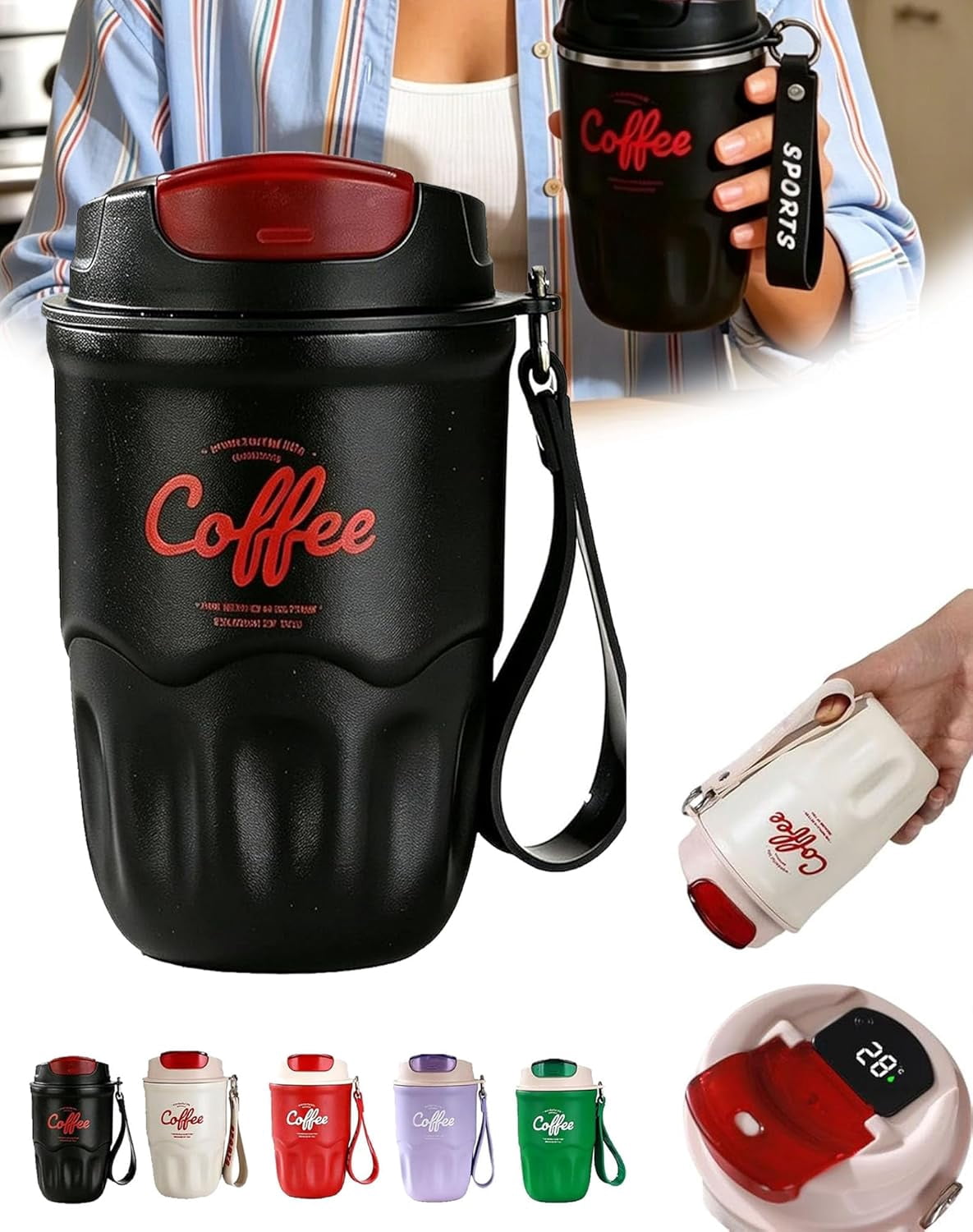 Coffee Vacuum Flask, 12oz Portable Coffee Cup with Led Lid & Handle ...