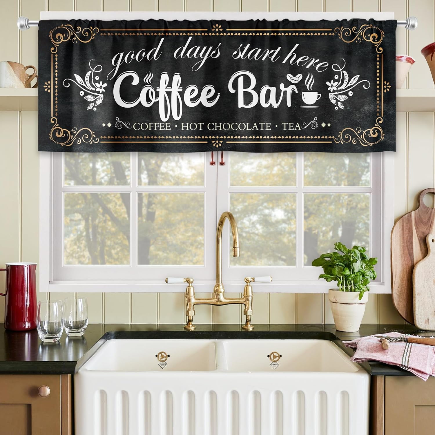 Coffee Valance Coffee Kitchen Curtains 52Wx18H Inch Rod Pocket Coffee ...