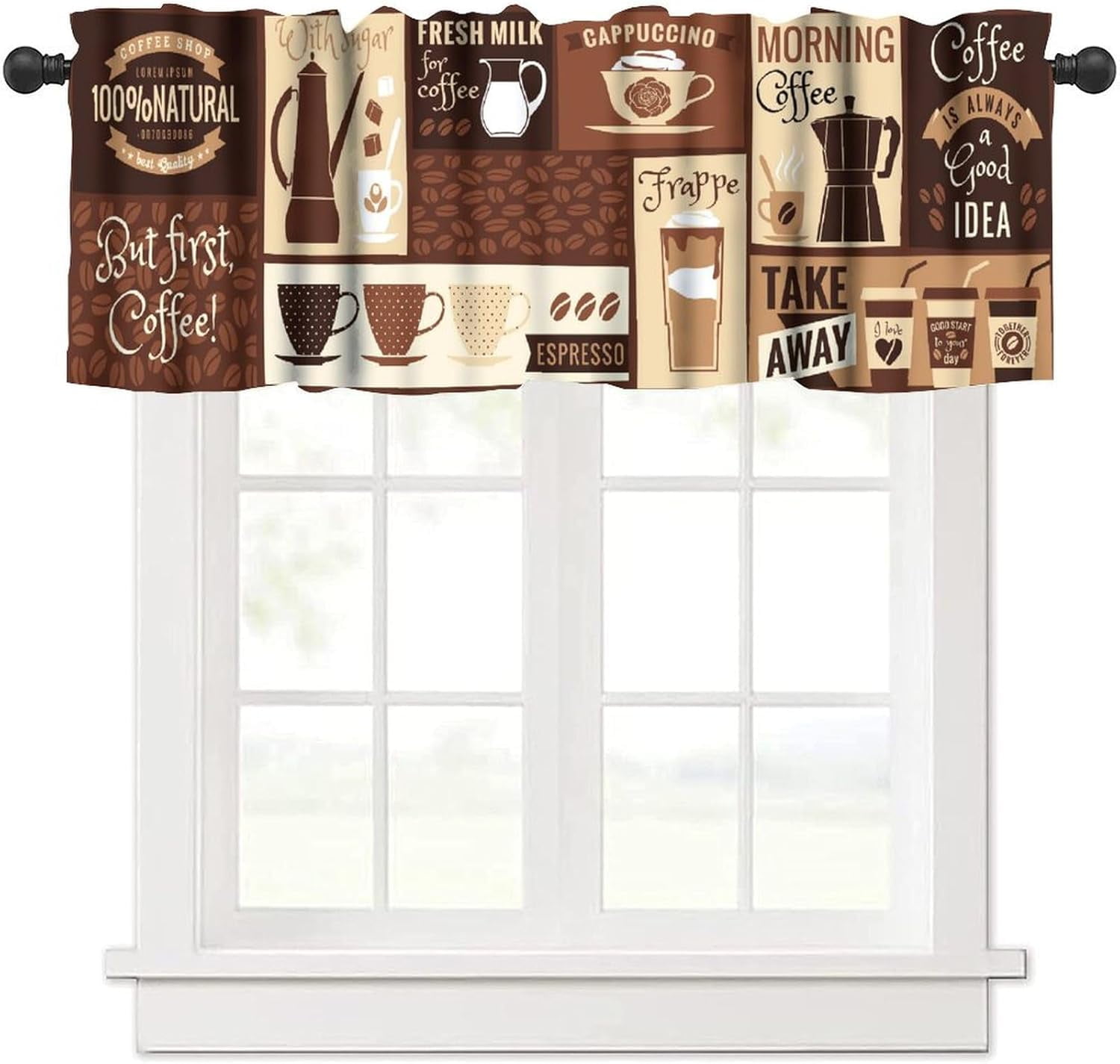 Coffee Valance Curtains Rustic Vintage Coffee Cup Cafe Bean Brown Rod ...