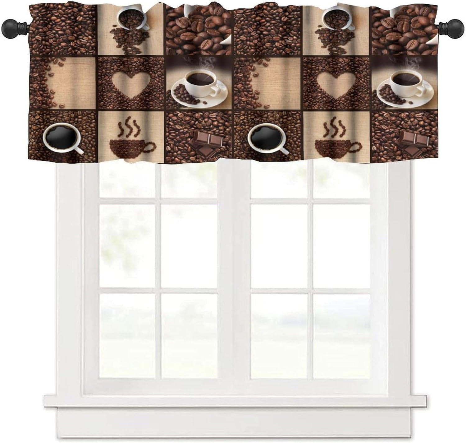 Coffee Valance Curtains Vintage Farmhouse Brown Cafe Beans Coffee Cups ...