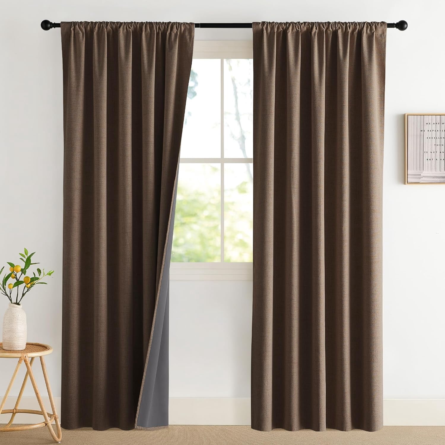 Coffee Vintage Linen 100% Blackout Curtains, 2 Panels, 52" x 80", Rod ...