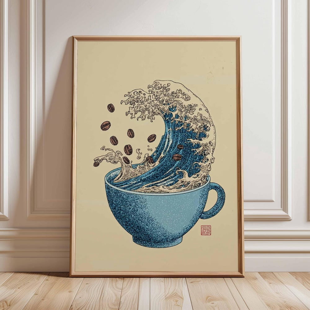 Coffee Wave Wall Art Print Blue Coffee Cup Poster with Ocean Design ...