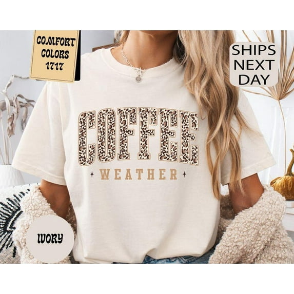 Coffee Weather Shirt Leopard Print T-shirt Fall Tee for Women Autumn ...