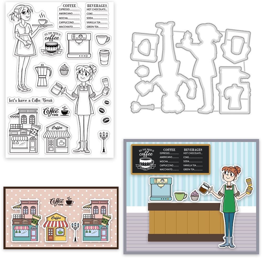 Coffee Woman Cut Dies and Clear Stamp Coffee Store Embossing Template ...