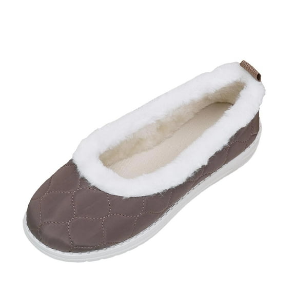 Coffee Women Flat Round Toe Shoes With Furry Lining For Everyday Winter ...